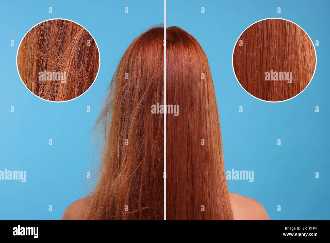 Photo of woman divided into halves before and after hair treatment on ...