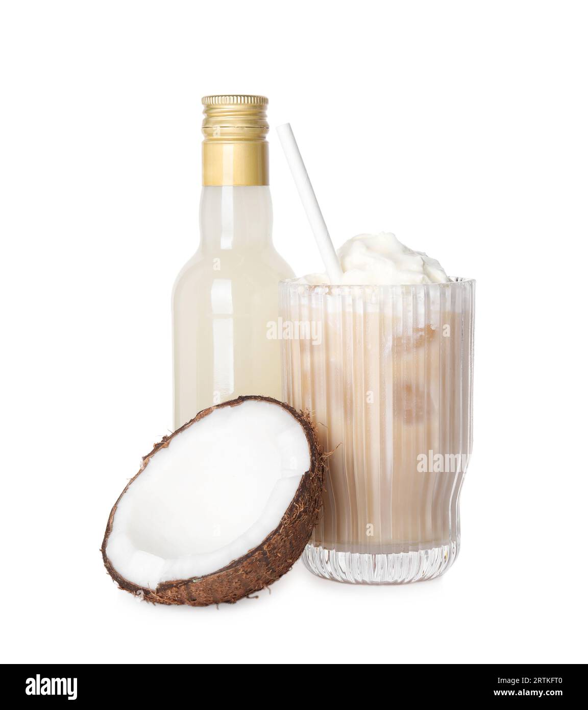 Bottle of delicious syrup, coconut and glass of iced coffee isolated on ...