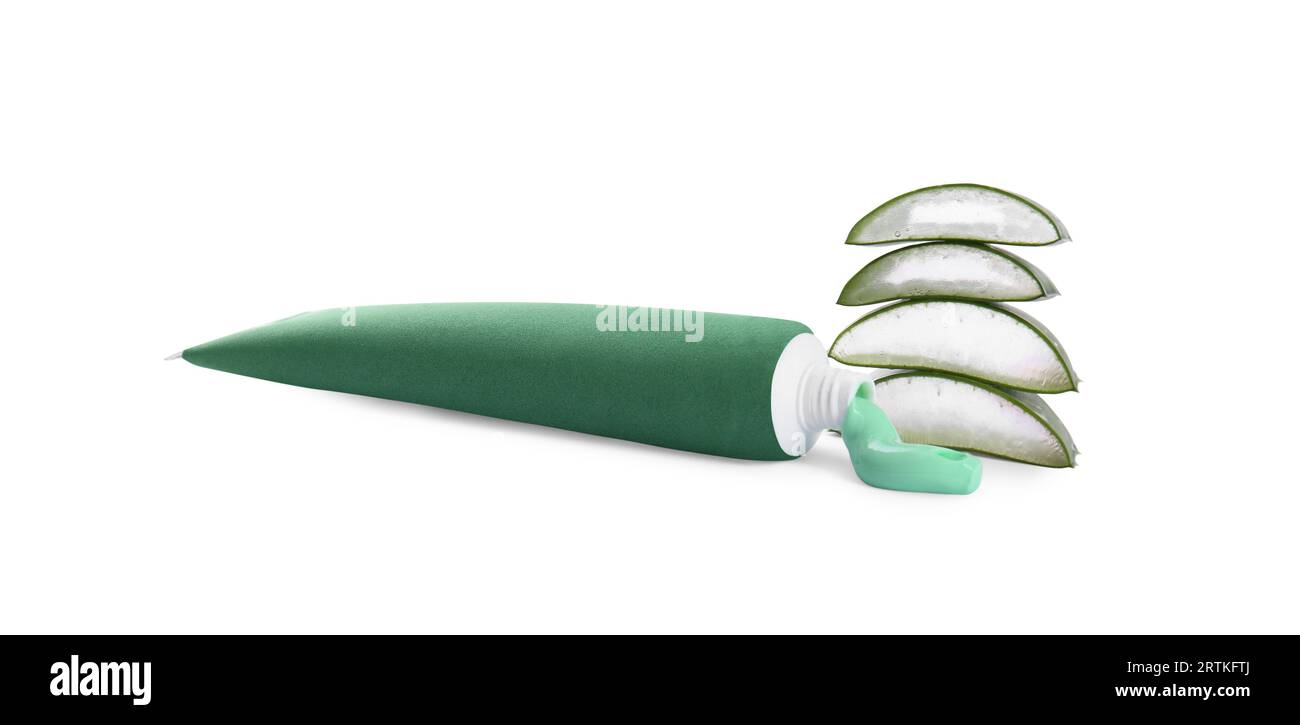 Open tube of toothpaste with cut aloe vera on white background Stock ...
