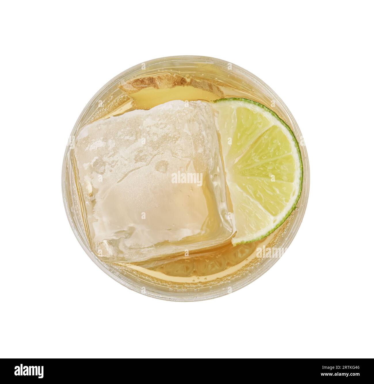 Glass of tasty ginger ale with ice cube and lime slice isolated on white, top view Stock Photo ...