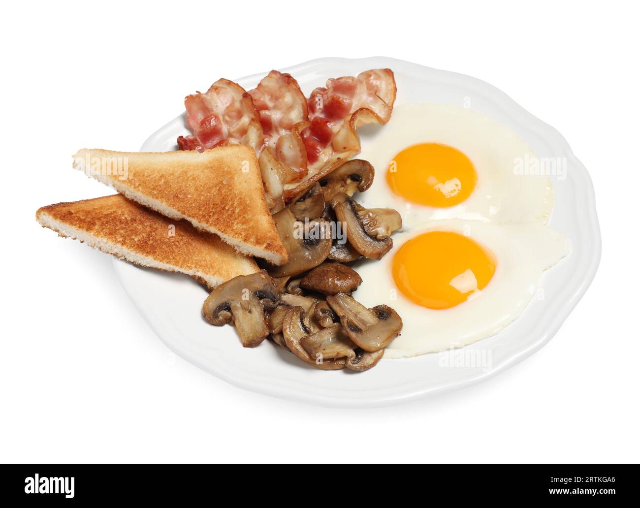 Plate With Fried Eggs Mushrooms Bacon And Toasted Bread Isolated On