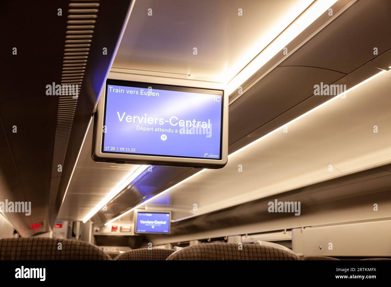 Picture of a train screen in a passengers train indicating the next ...