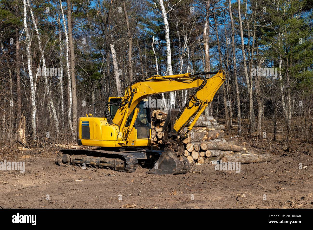 Yellow excavator or digger machine parked on the dirt by a pile of logs ...