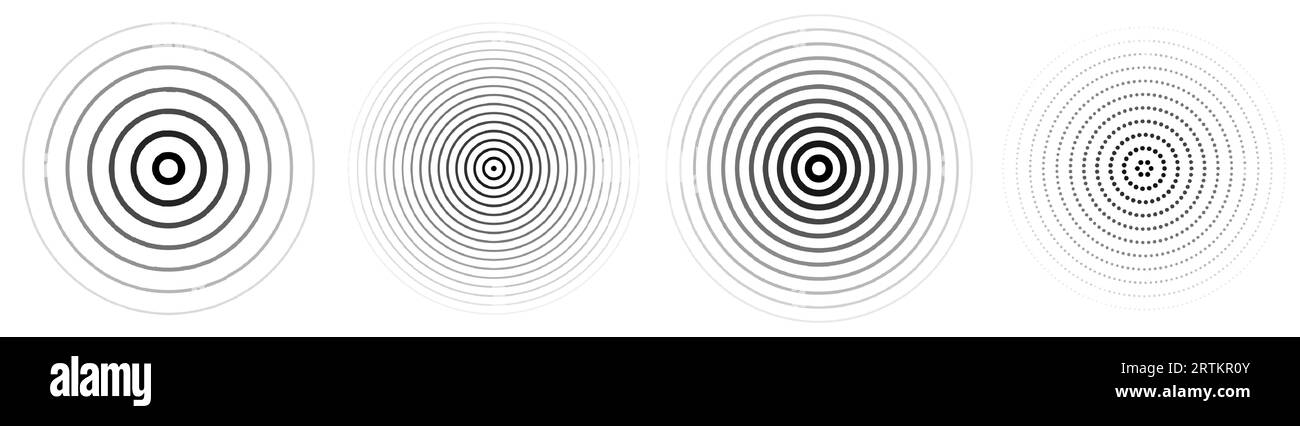 Black concentric ripple circles set. Dotted or linear sound wave rings ...