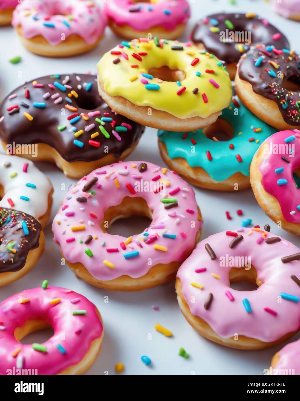 collection of fluffy colorful donuts, summer vibe, fast food industry ...