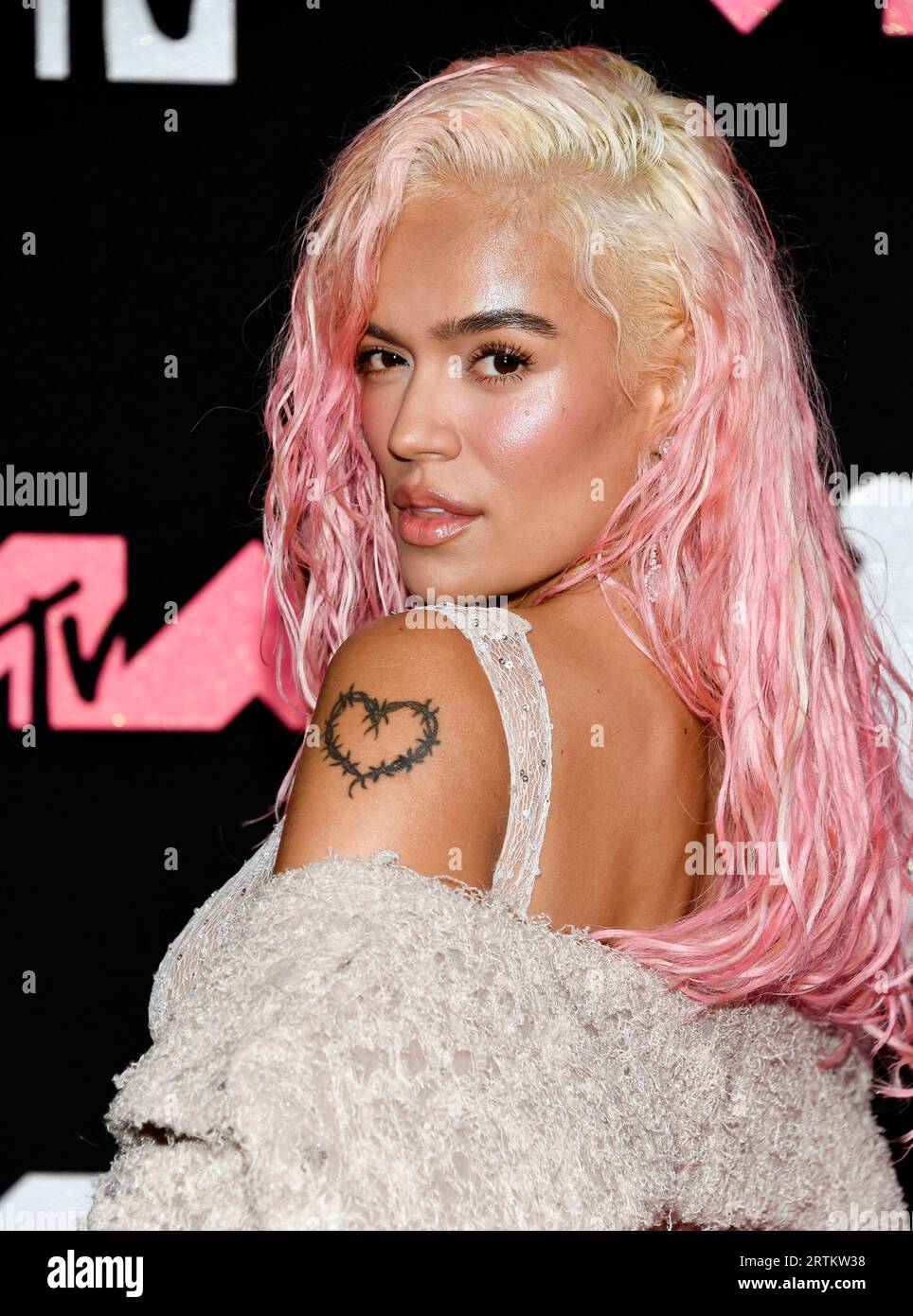 Karol G arrives at the MTV Video Music Awards on Tuesday, Sept. 12 ...