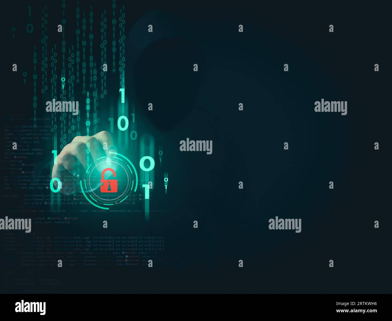 Hacker is pointing a pen at a group of zeros on a dark background ...