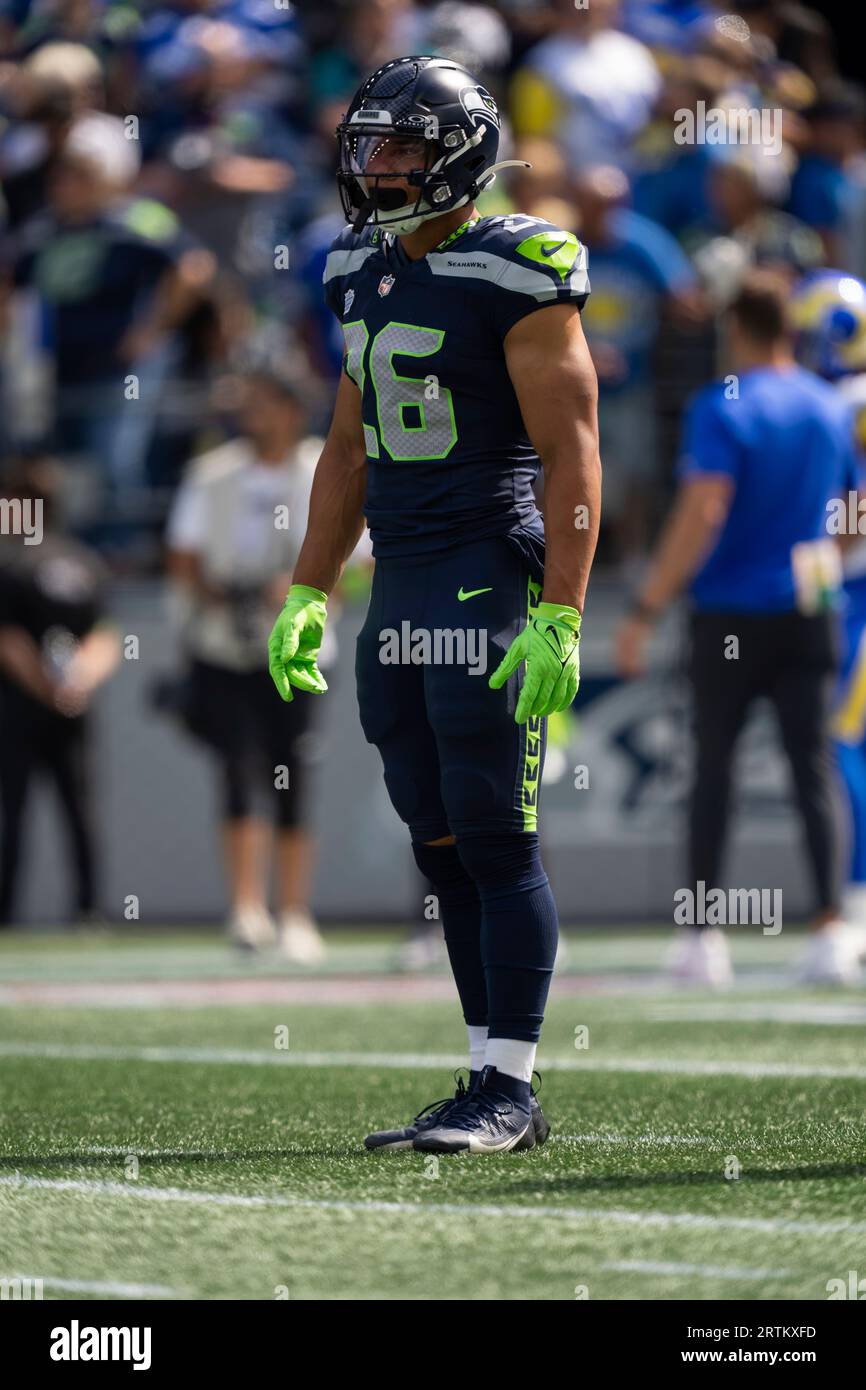 Seattle Seahawks running back Zach Charbonnet (26) looks on before an ...