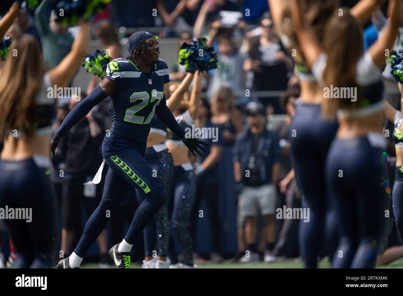 Seattle Seahawks cornerback Riq Woolen (27) runs out on to the field ...