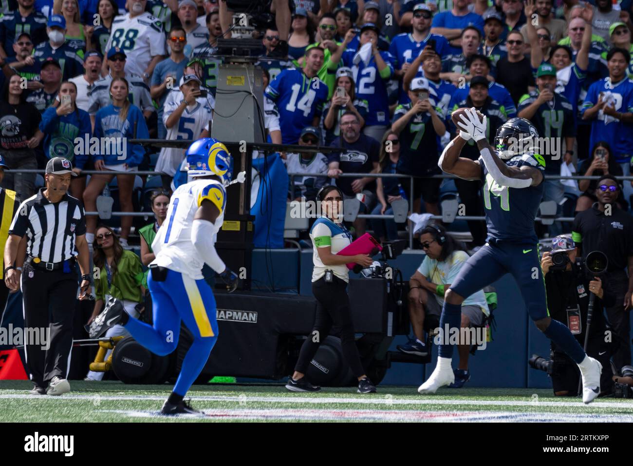 Seattle Seahawks wide receiver DK Metcalf (14) scores a touchdown during an NFL football game ...