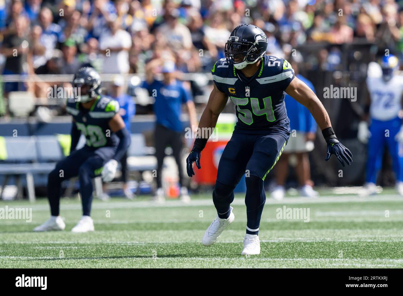 Seattle Seahawks linebacker Bobby Wagner (54) gets set during an NFL ...
