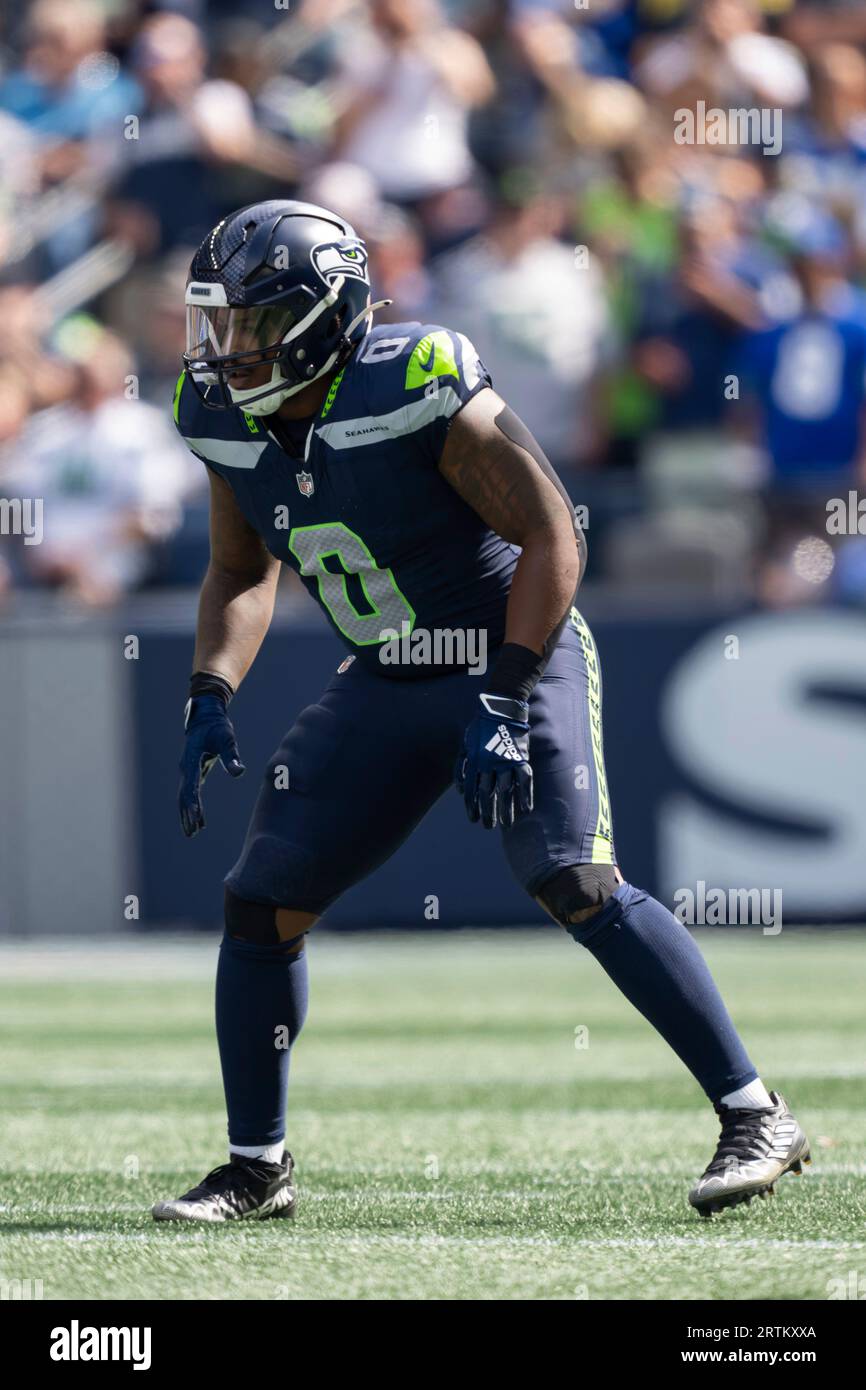 Seattle Seahawks linebacker Devin Bush (0) gets set during an NFL ...