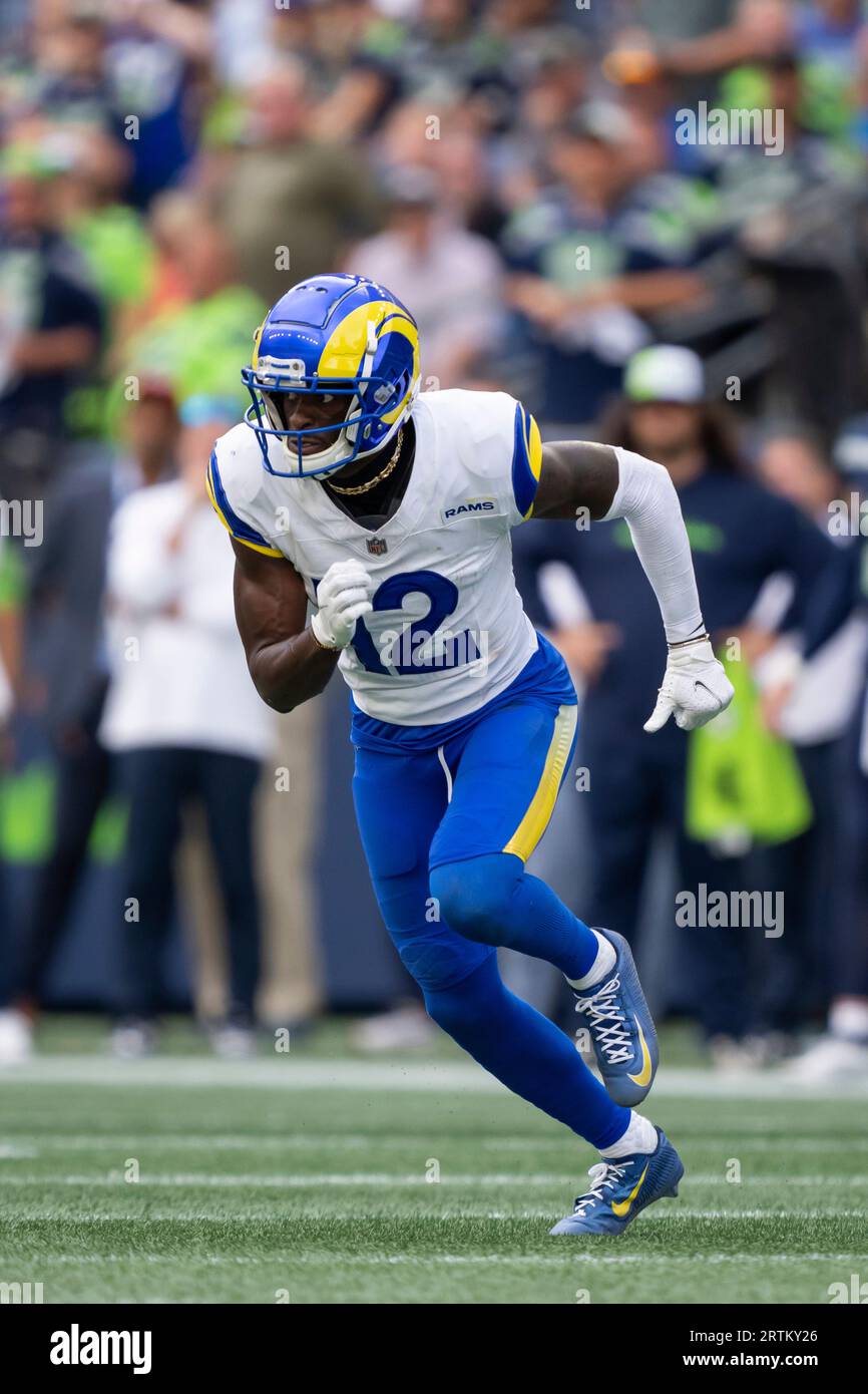 Los Angeles Rams wide receiver Van Jefferson (12) runs down the field ...