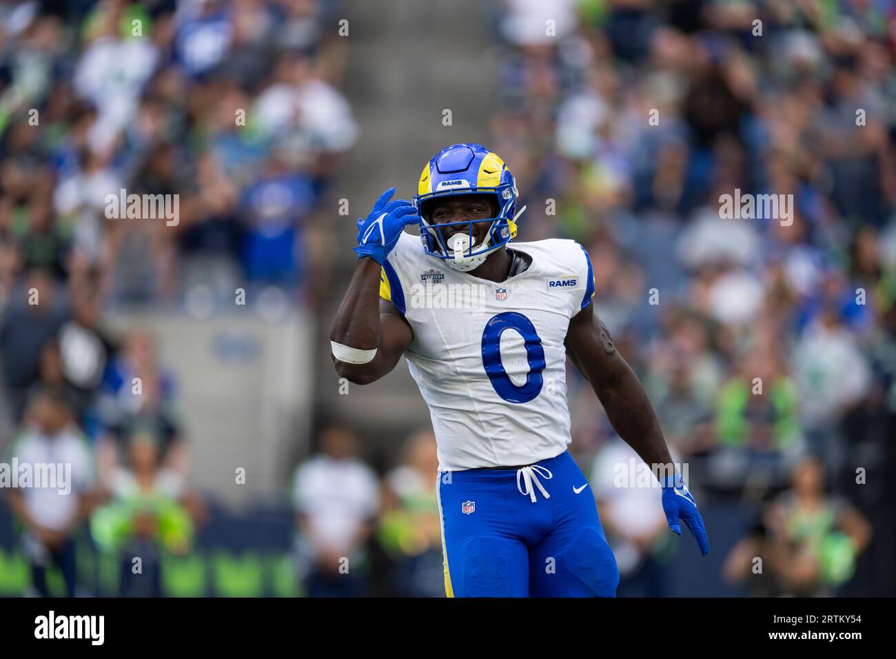 Los Angeles Rams linebacker Byron Young (0) celebrates during an NFL ...