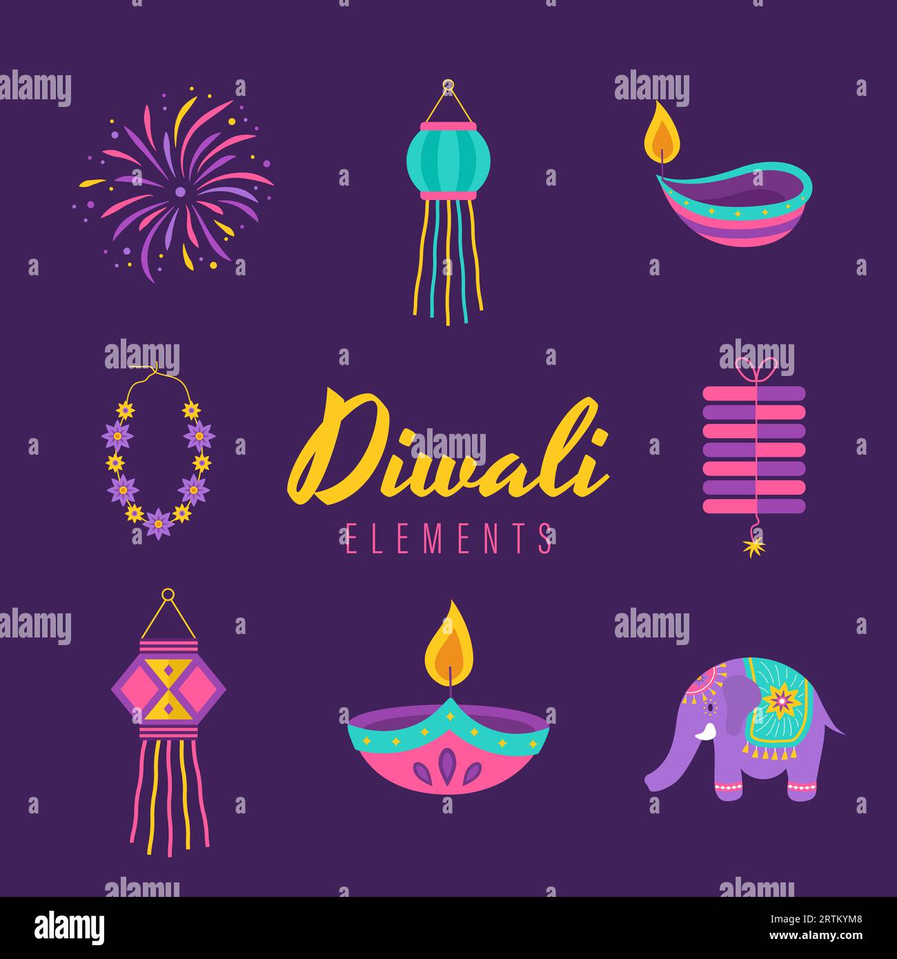 Diwali elements. Indian festival of lights icon set. Colorful deepavali ...