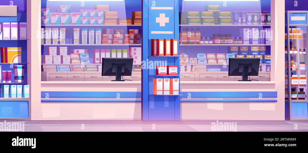 Pharmacy interior with computer monitors on glass counter, various ...