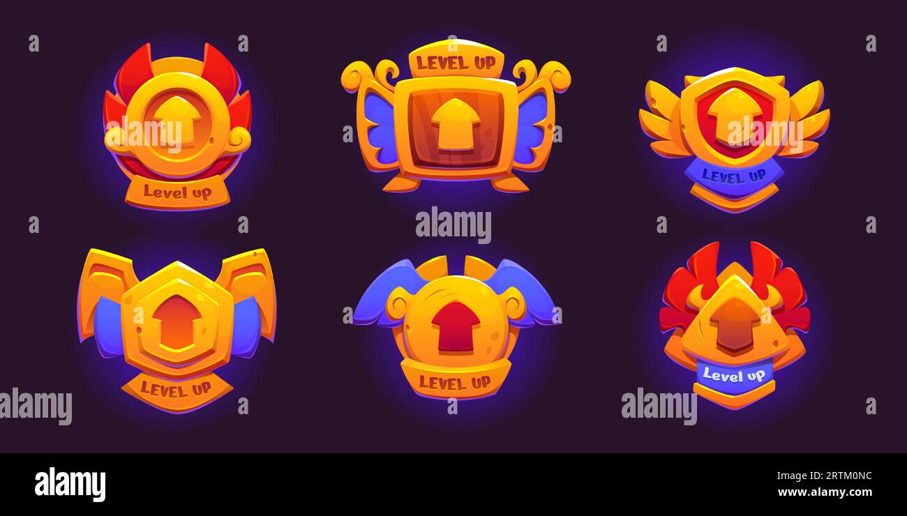 Game ui level up badge icon and bonus reward vector design. Rank medal to win on achievement ...