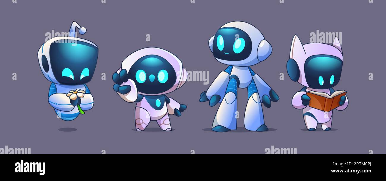 Set of cute robot characters isolated on background. Vector cartoon ...
