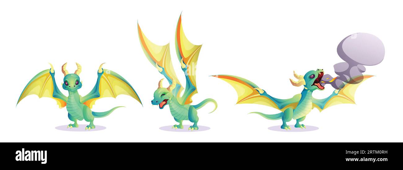 Fantasy dragon for game design. Cute cartoon fairy green reptile animal ...
