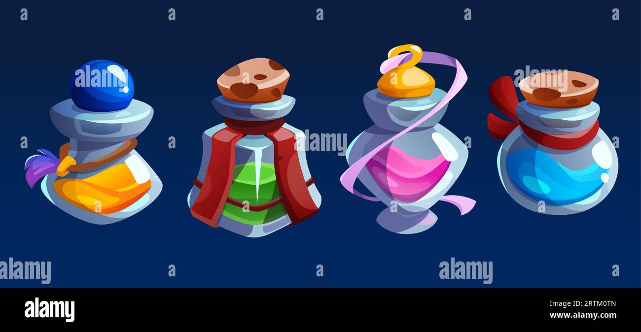 Glass bottles with magic elixir or potion - game cartoon vector set. Flask with fantasy medicine ...