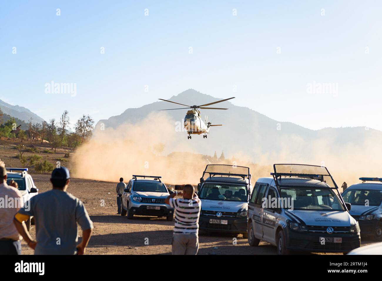 Ijoukak, Morocco. 11th Sep, 2023. A helicopter carrying injured people ...