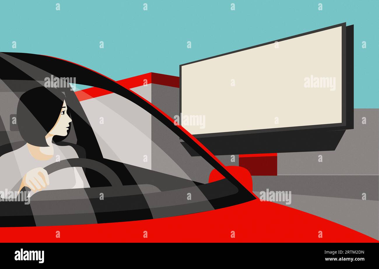 Woman on electric car watching billboard advertisement Woman on ... Woman on electric car watching billboard advertisement Woman on ...