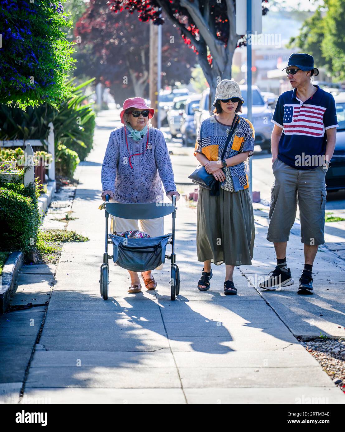 Senior woman walking using a mobility walker on the pedestrian footpath ...