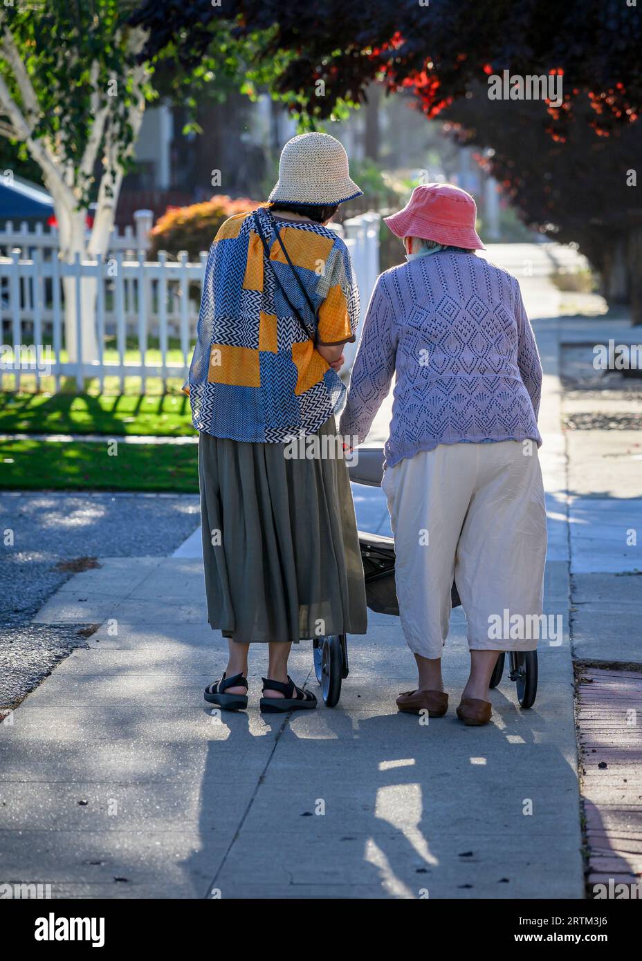 Senior woman walking using a mobility walker on the pedestrian footpath ...