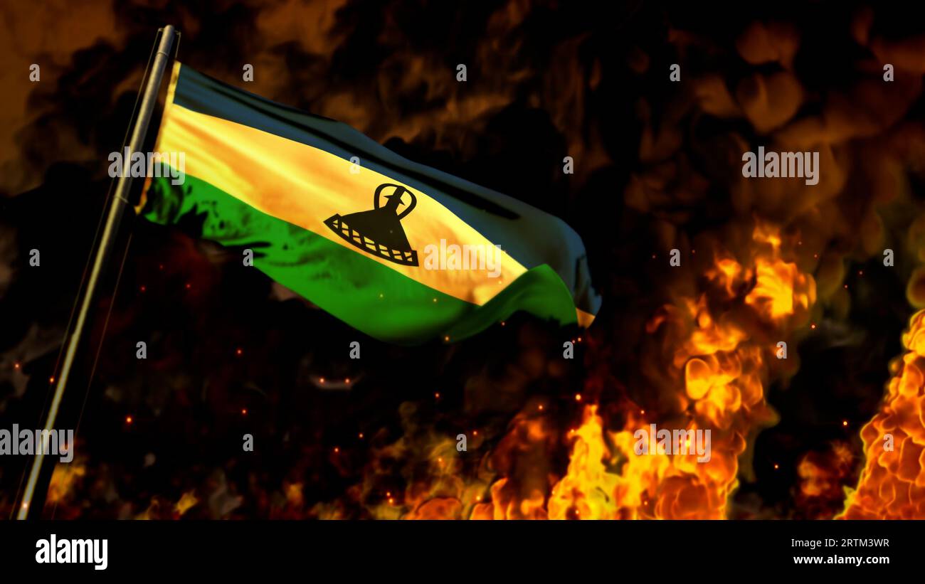 flag of Lesotho on burning fire background - hard times concept ...