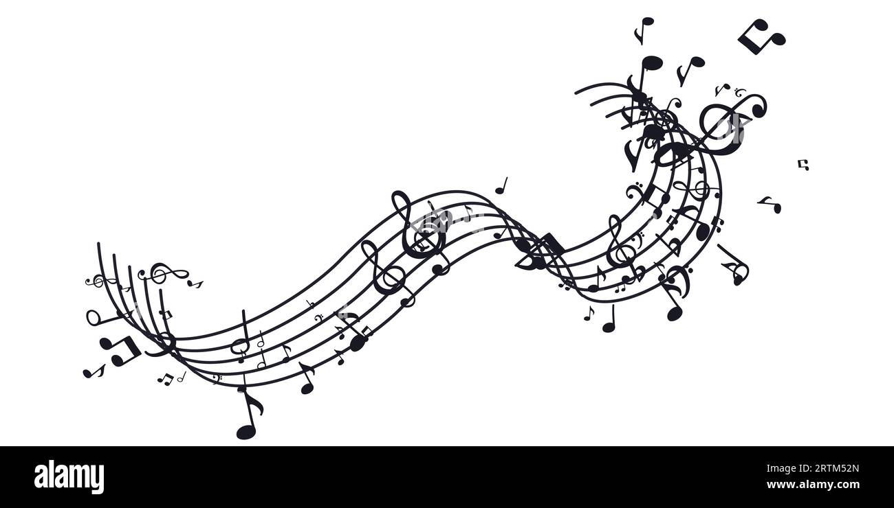 Flow of flying black notes on stave. Musical symbols for banner of ...