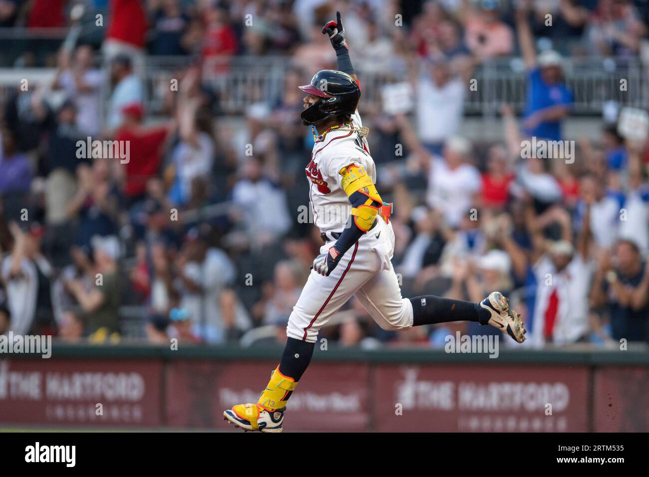 FILE - Atlanta Braves' Ronald Acuña Jr. gestures while running bases on ...