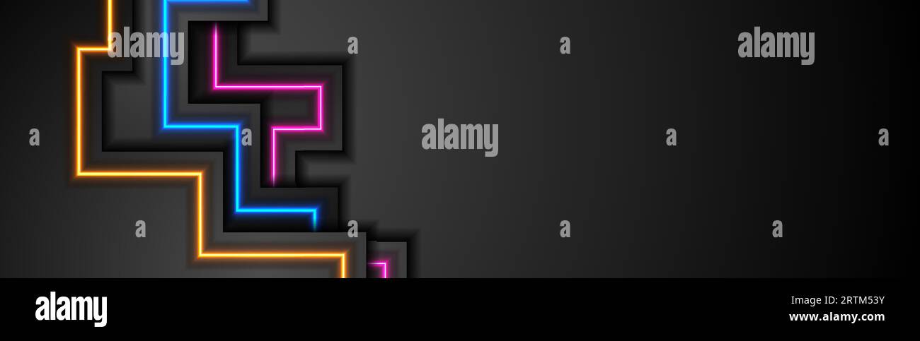 Black tech abstract banner design with colorful neon glowing light ...