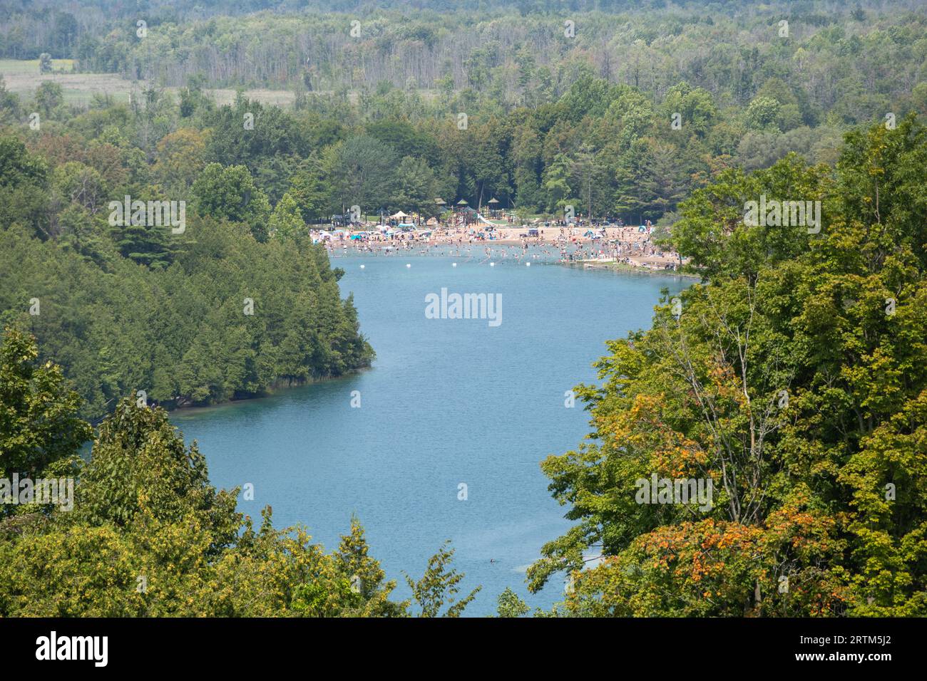 Overhead view the lake from hilltop of Green Lakes State Park in ...