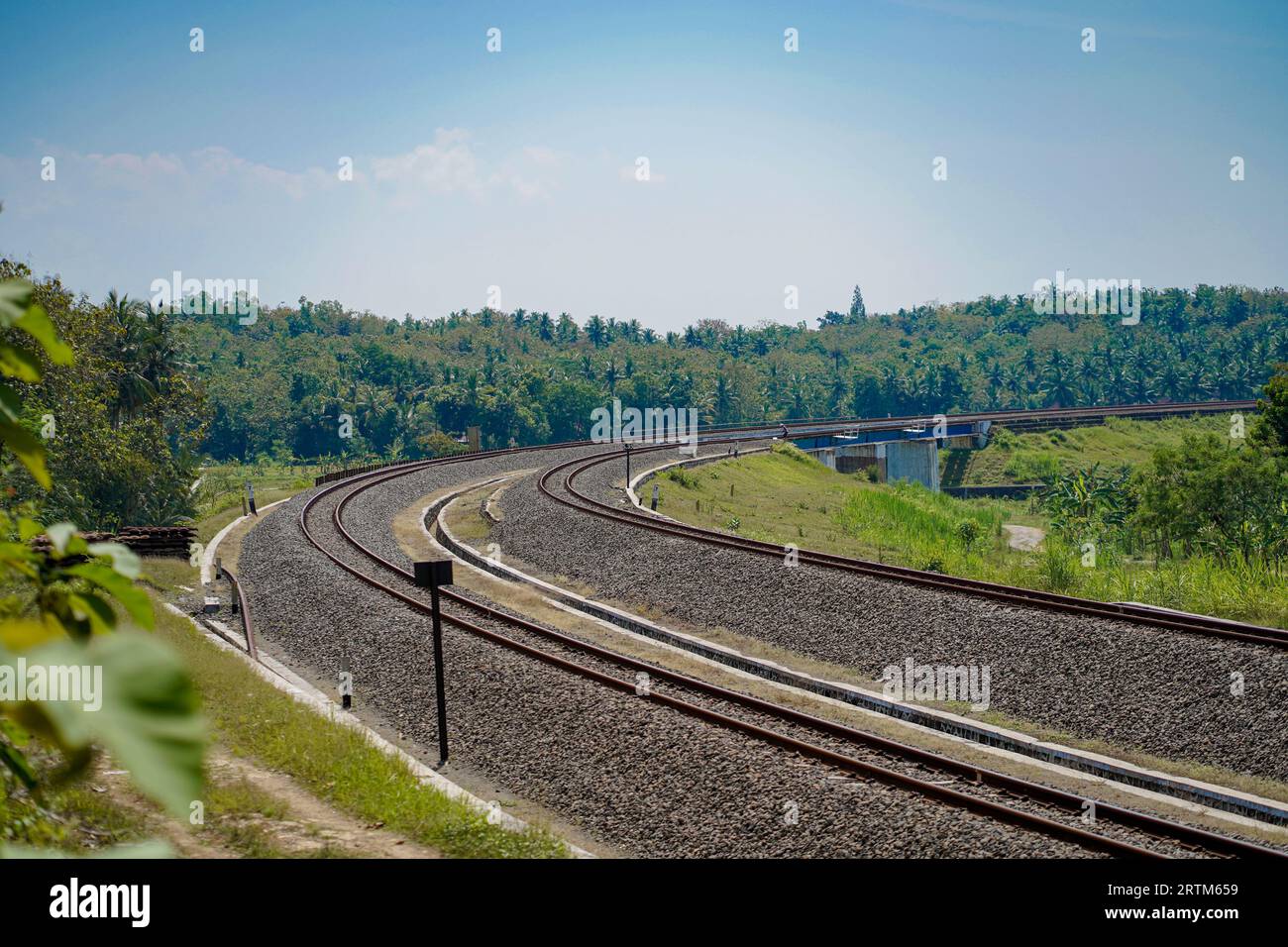 2-way train track with left and right views of dense forest during the ...