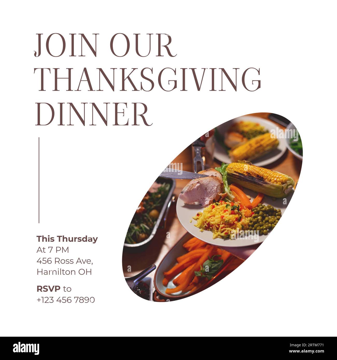 Composite of join our thanksgiving dinner text over food at dinner ...