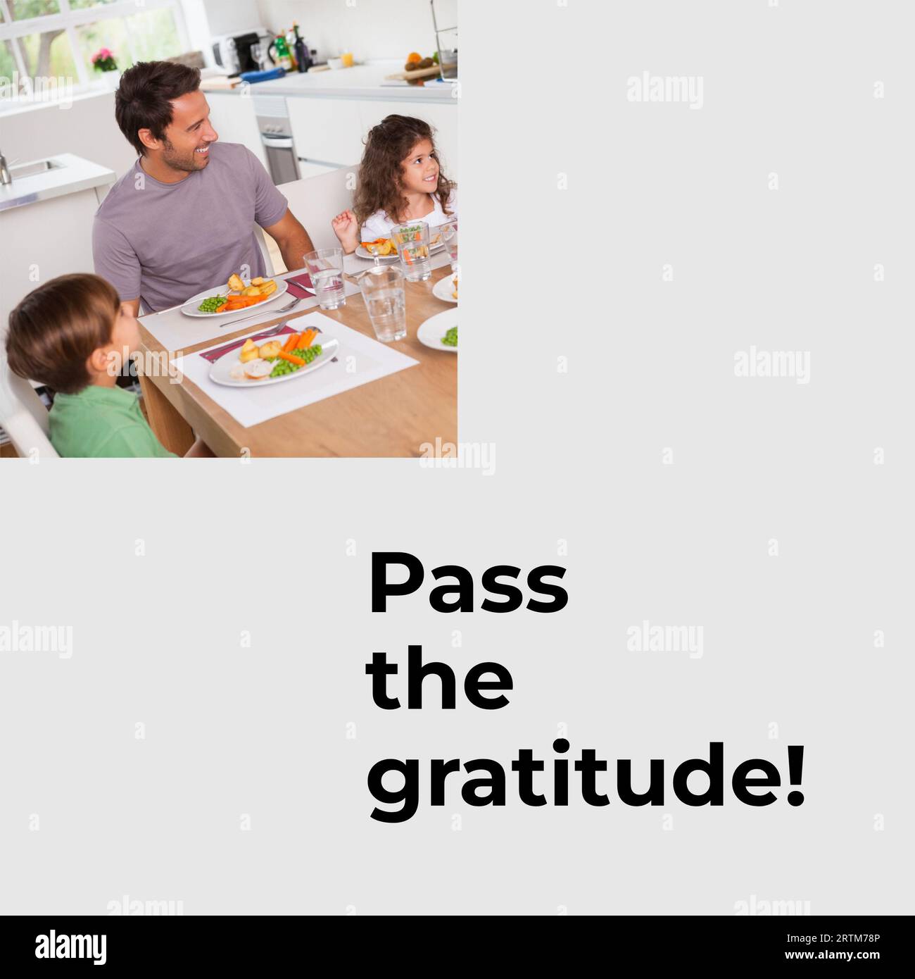 Pass the gratitude text on grey with happy caucasian family at ...