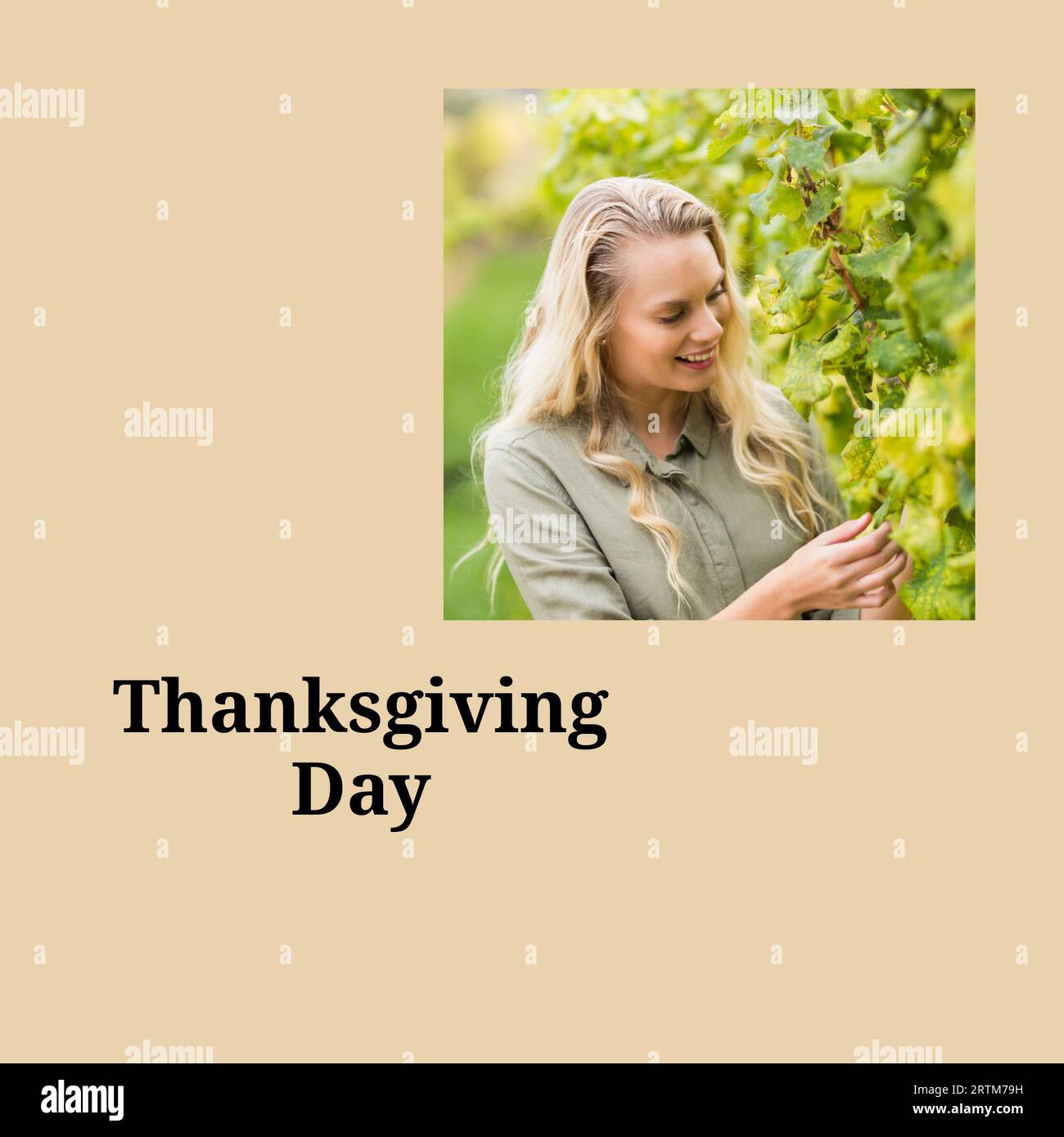 Thanksgiving day text on beige and smiling caucasian woman in garden ...