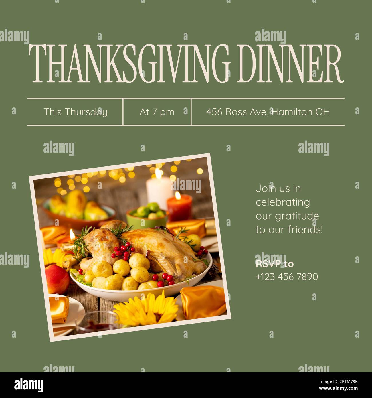Composite of thanksgiving dinner party text over dinner table and green ...