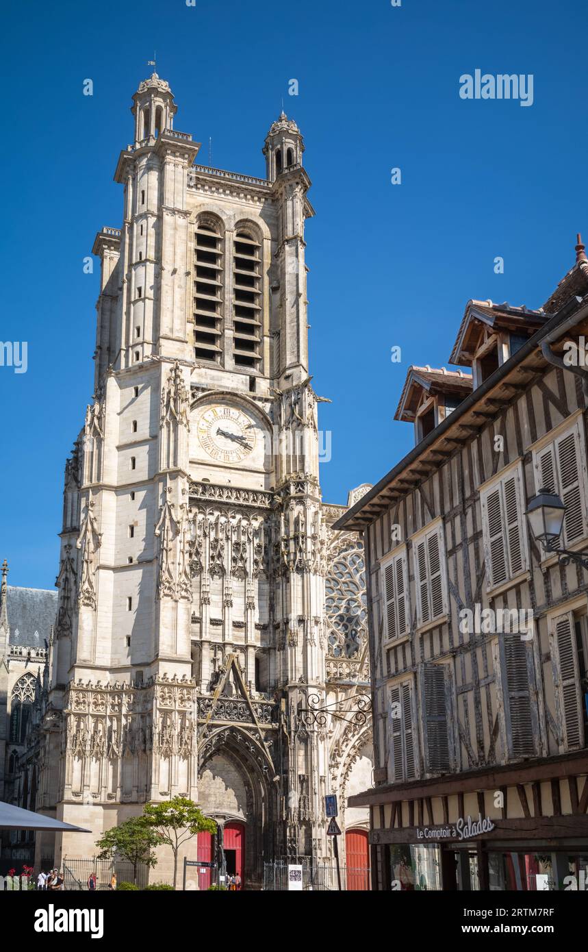 The tower with its large clock on the Catholic cathedral next to ...