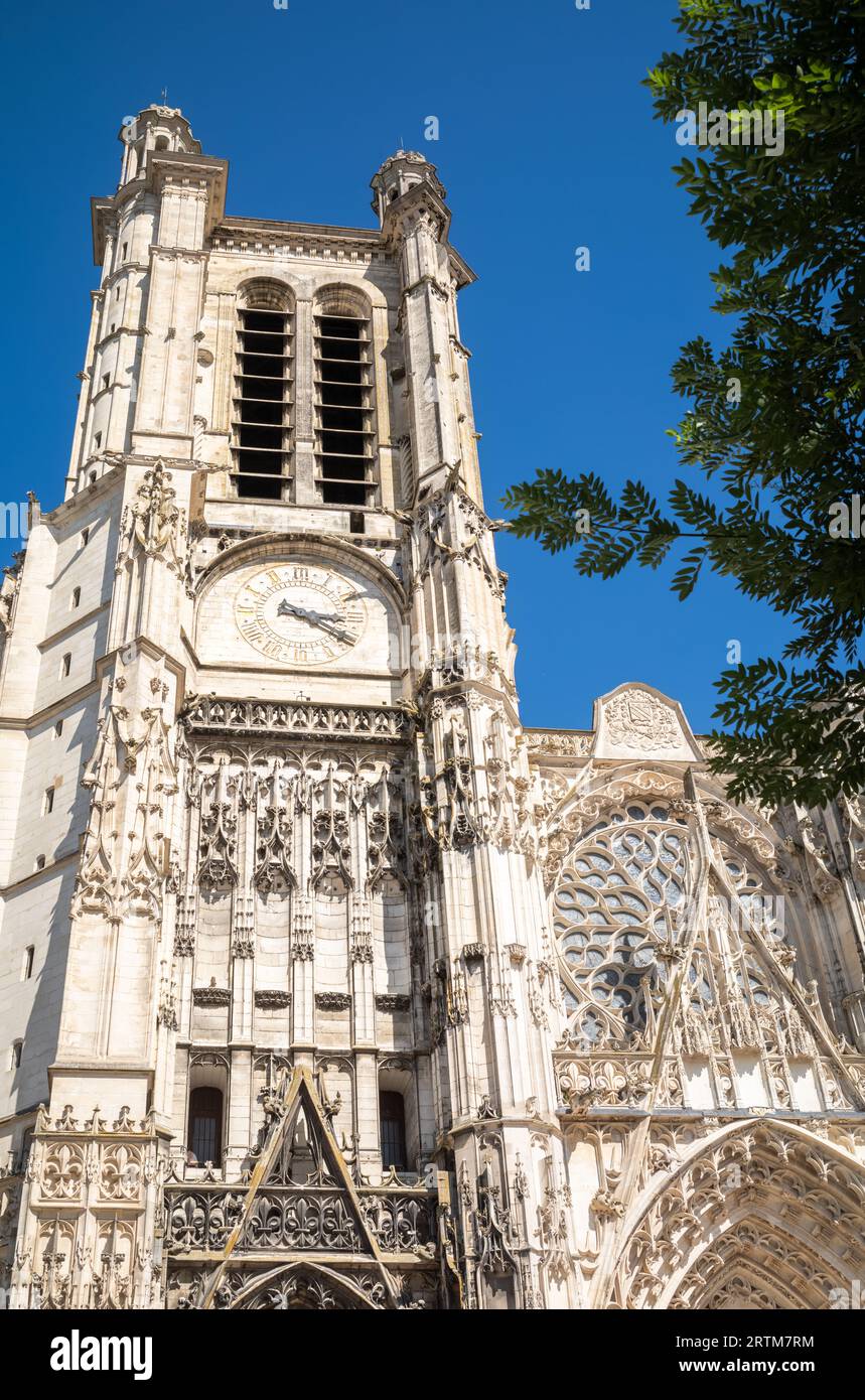 The tower with its large clock on the Catholic cathedral in Troyes ...