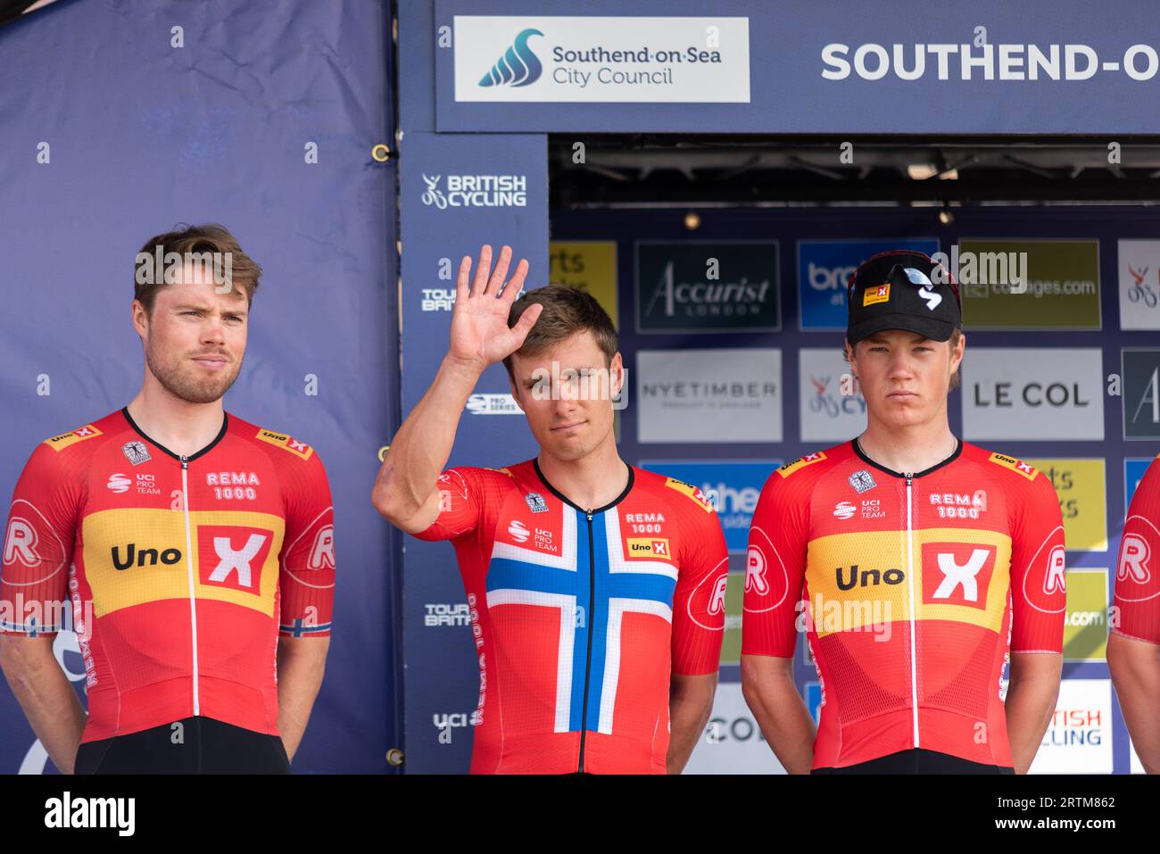 Riders of team Uno X Pro Cycling Team at the Tour of Britain cycle race ...
