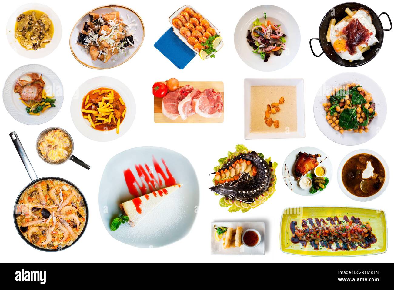 Set of many plates with food over white background Stock Photo - Alamy