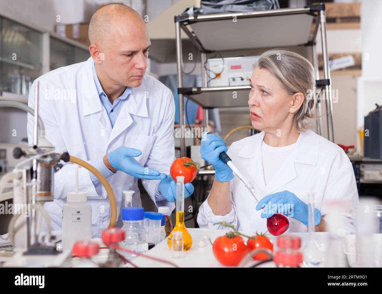 Biochemists checking fruits and vegetables Stock Photo - Alamy