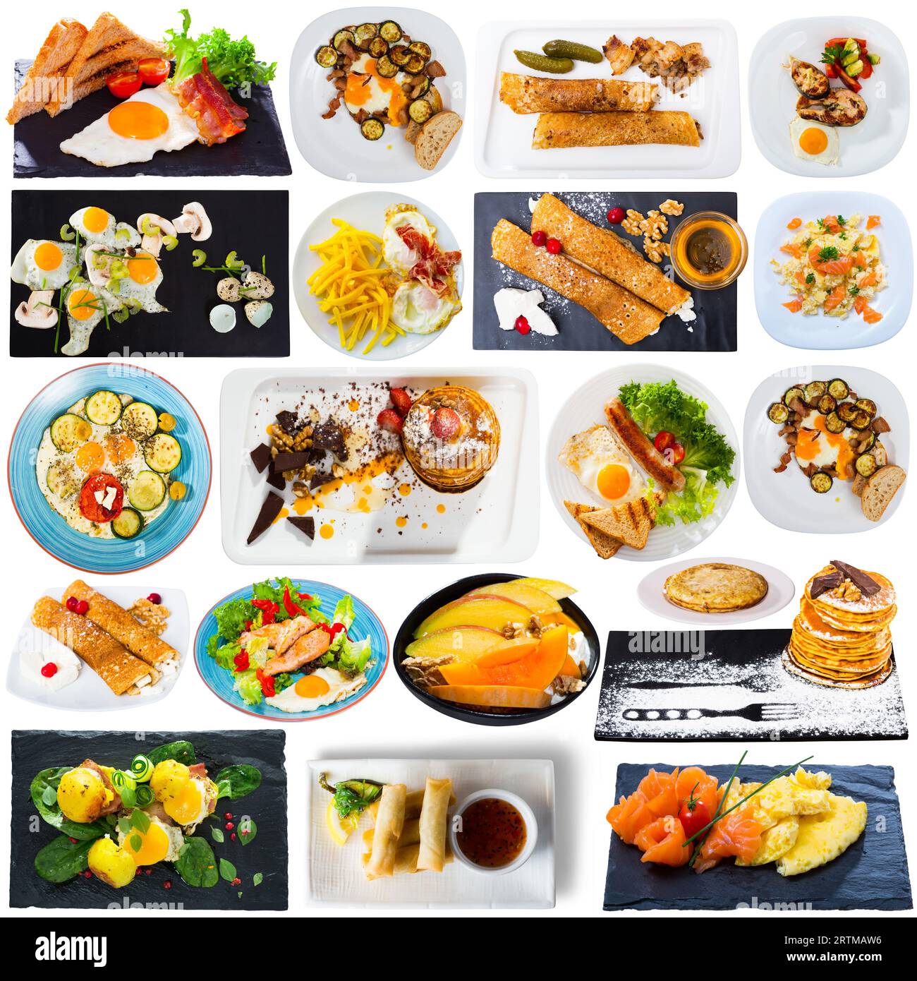 Collage of various breakfast foods on a white background Stock Photo ...