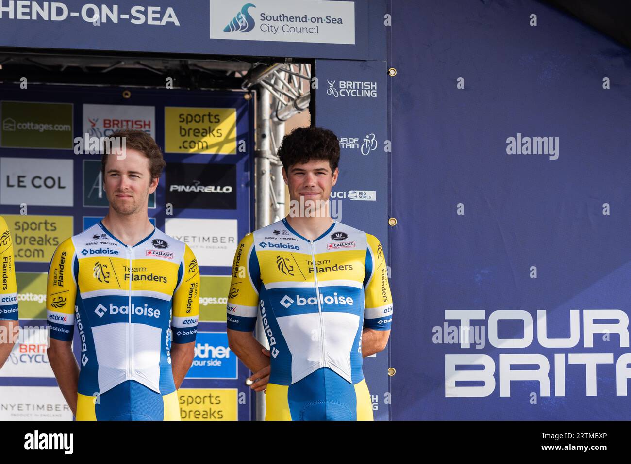 Riders of team Flanders Baloise at the Tour of Britain cycle race Stage ...