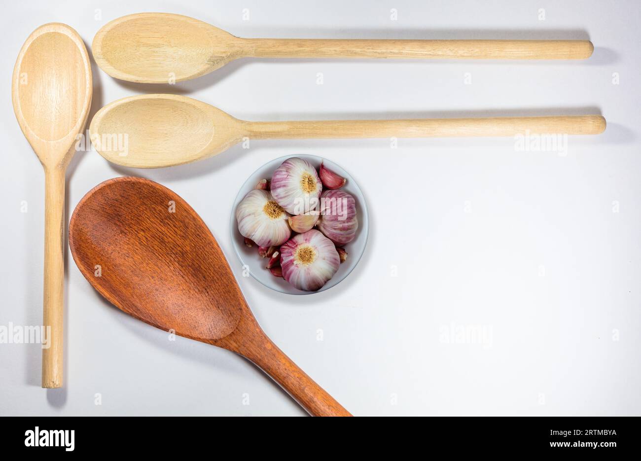 An overhead view of a kitchen countertop displaying a collection of ...