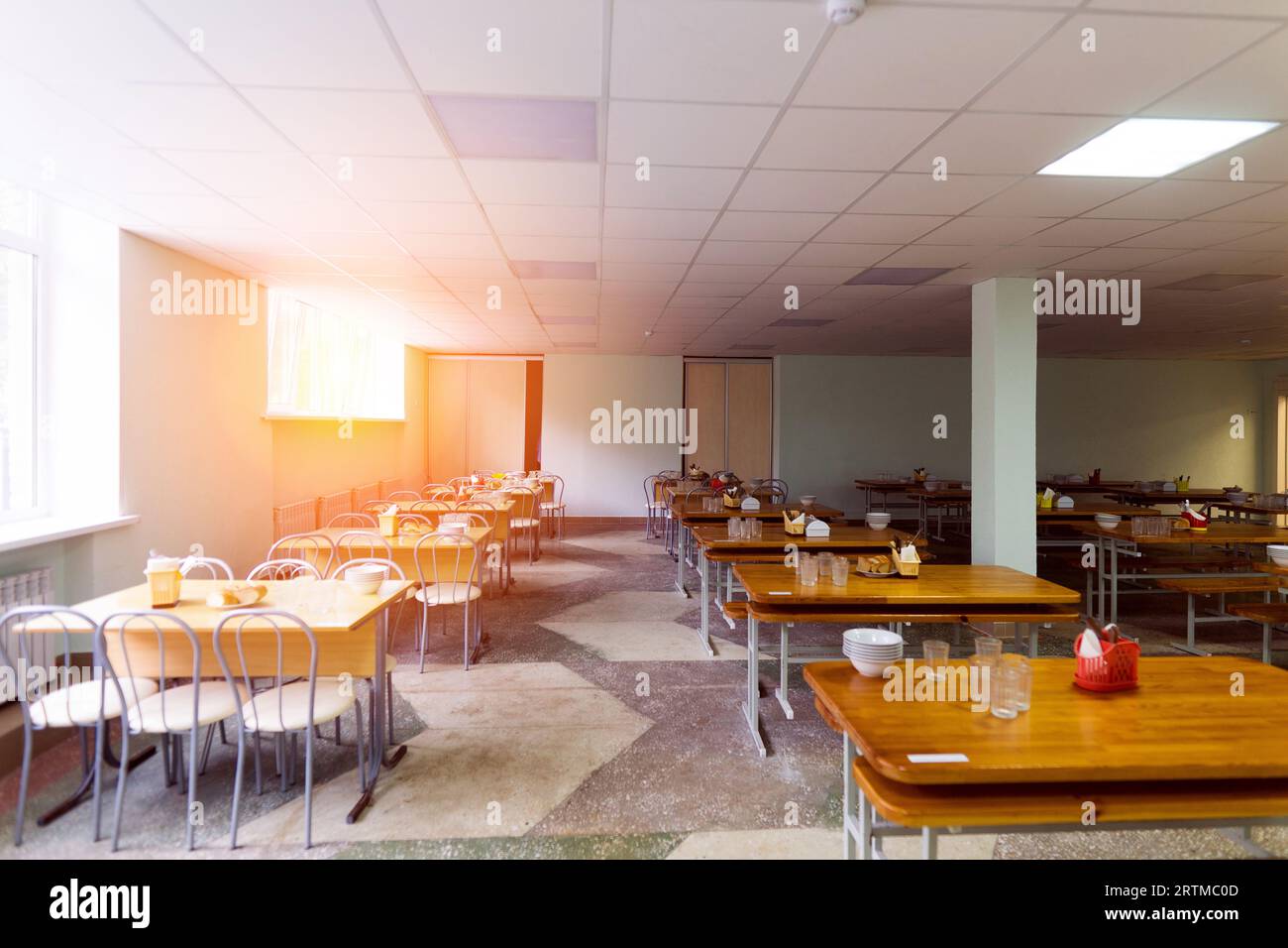 Chairs and tables. The dining hall in school is quarantined, isolation ...