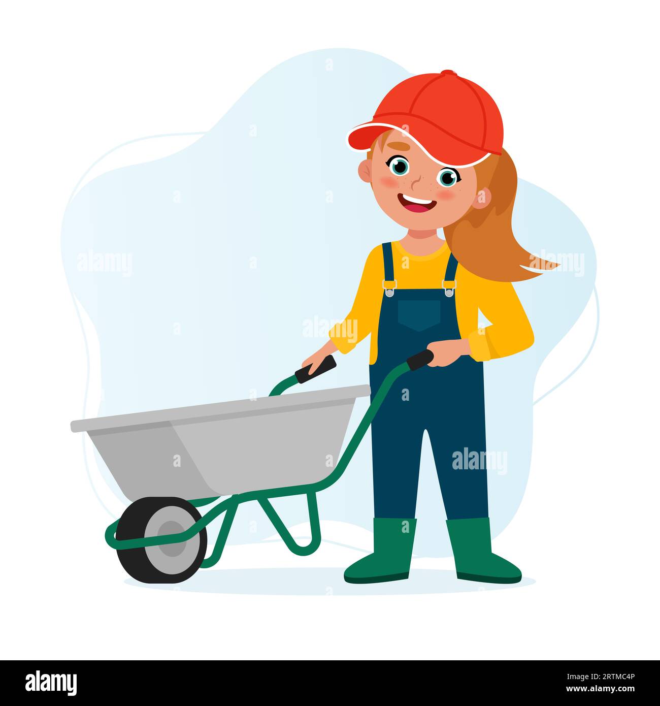 Cute happy kid with wheelbarrow. Vector illustration in flat style ...
