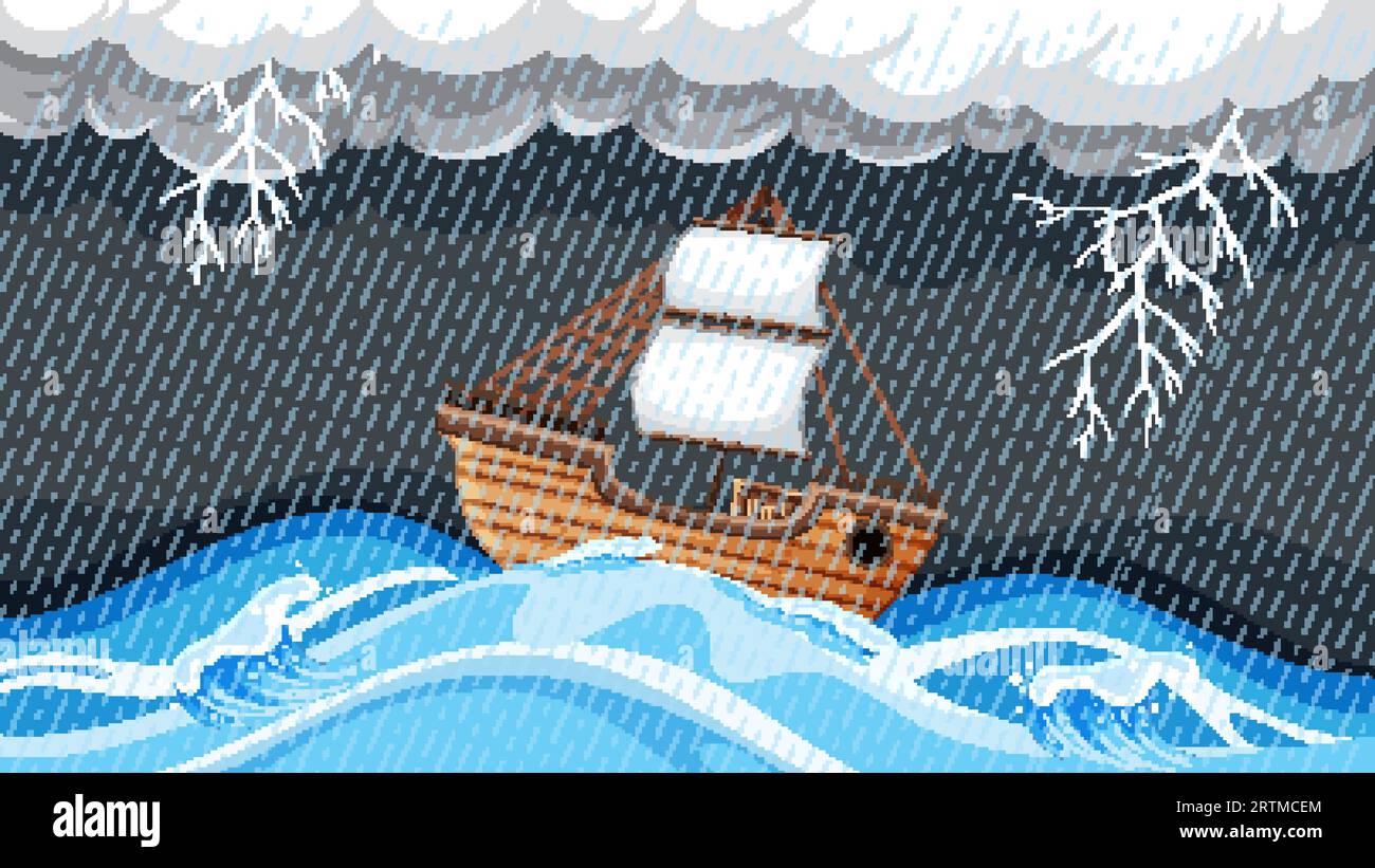 A ship caught in rain and storm while Jonah faces the big fish Stock ...