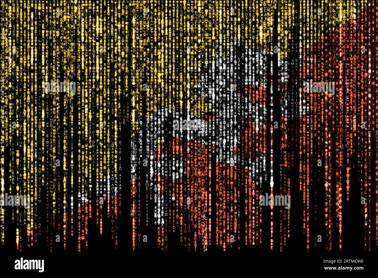 Flag of Bhutan on a computer binary codes falling from the top and ...